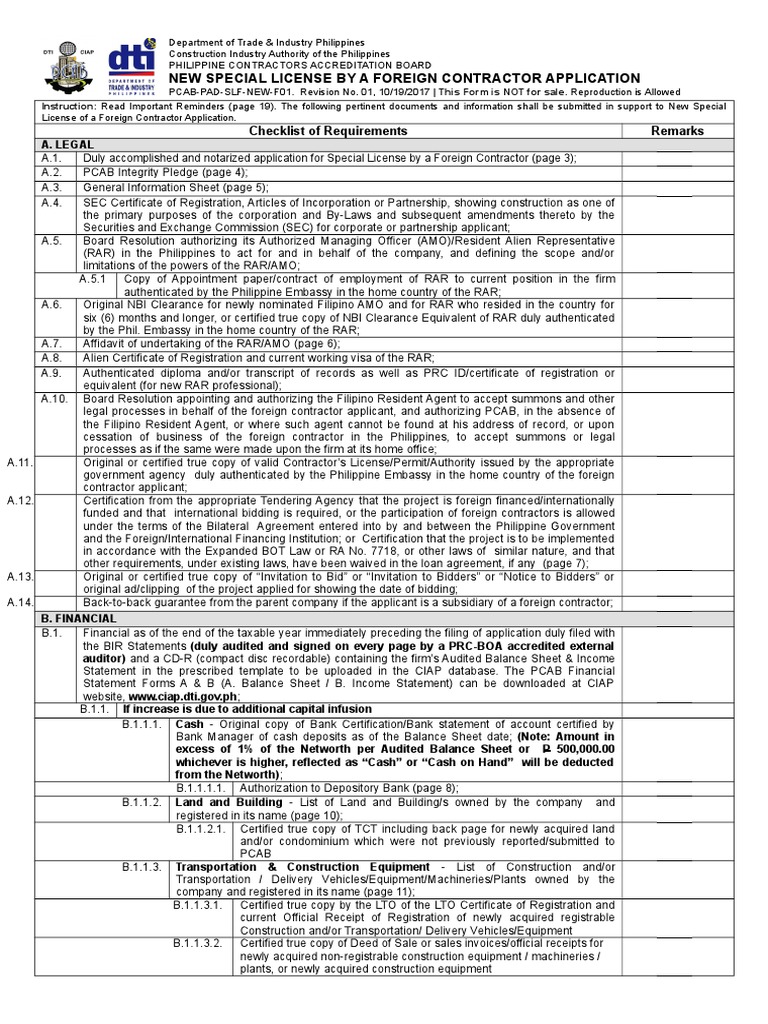 New Special License by A Foreign Contractor Application: Checklist of ...