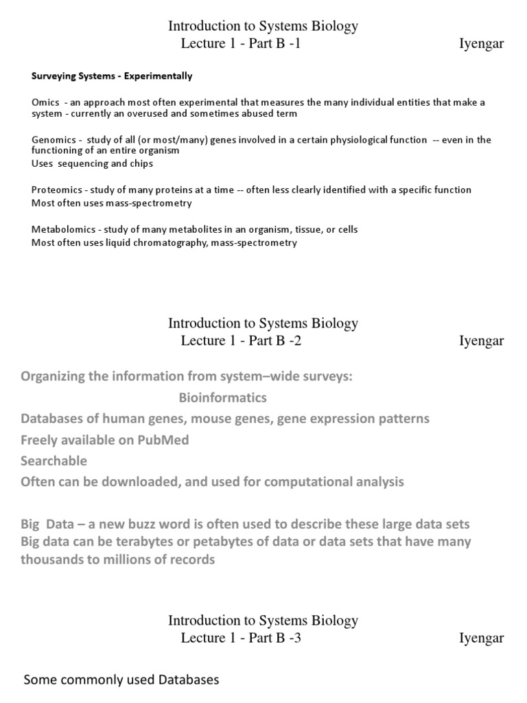 Introduction To Systems Biology Lecture 1 - Part B - 1 Iyengar | PDF ...
