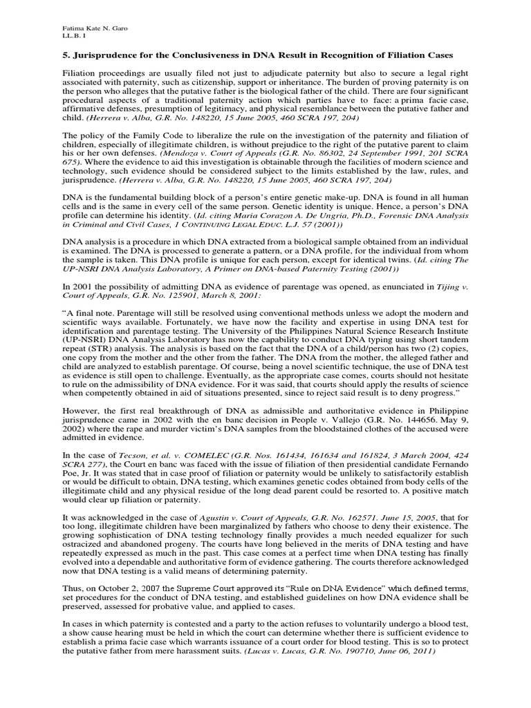 Jurisprudence For The Conclusiveness in DNA Result in Recognition of ...