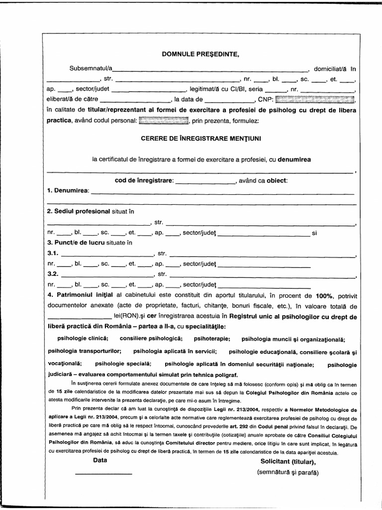 Cerere de Inregistrare Mentiuni Forme de Exercitare | PDF