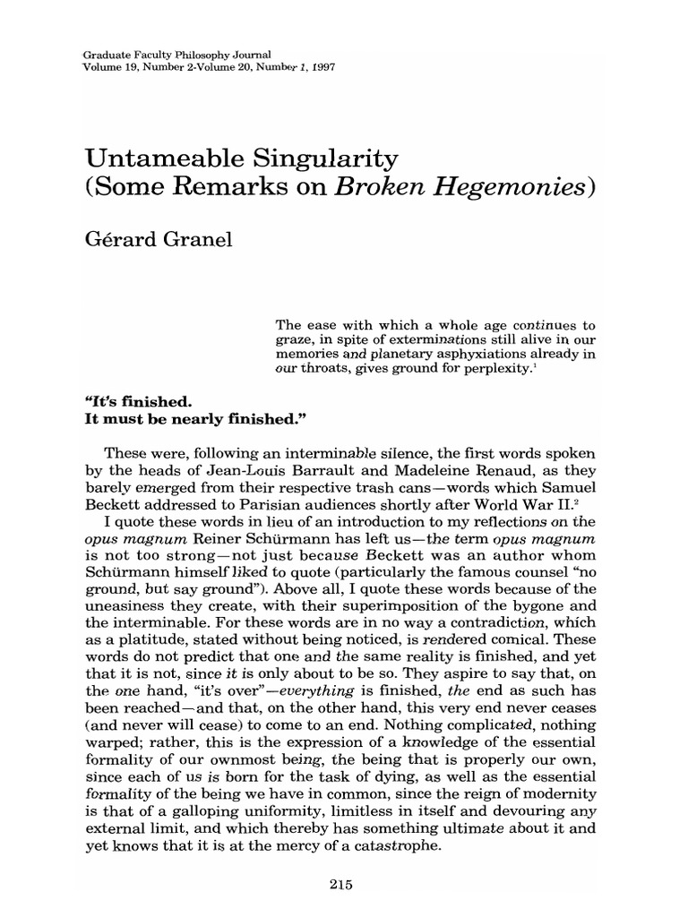 Untameable Singularity (Some Remarks On Broken Hegemonies) : Gerard ...