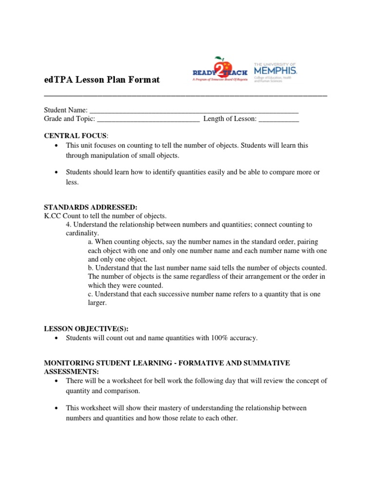 Edtpa Lesson Plan Format | PDF | Lesson Plan | Numbers