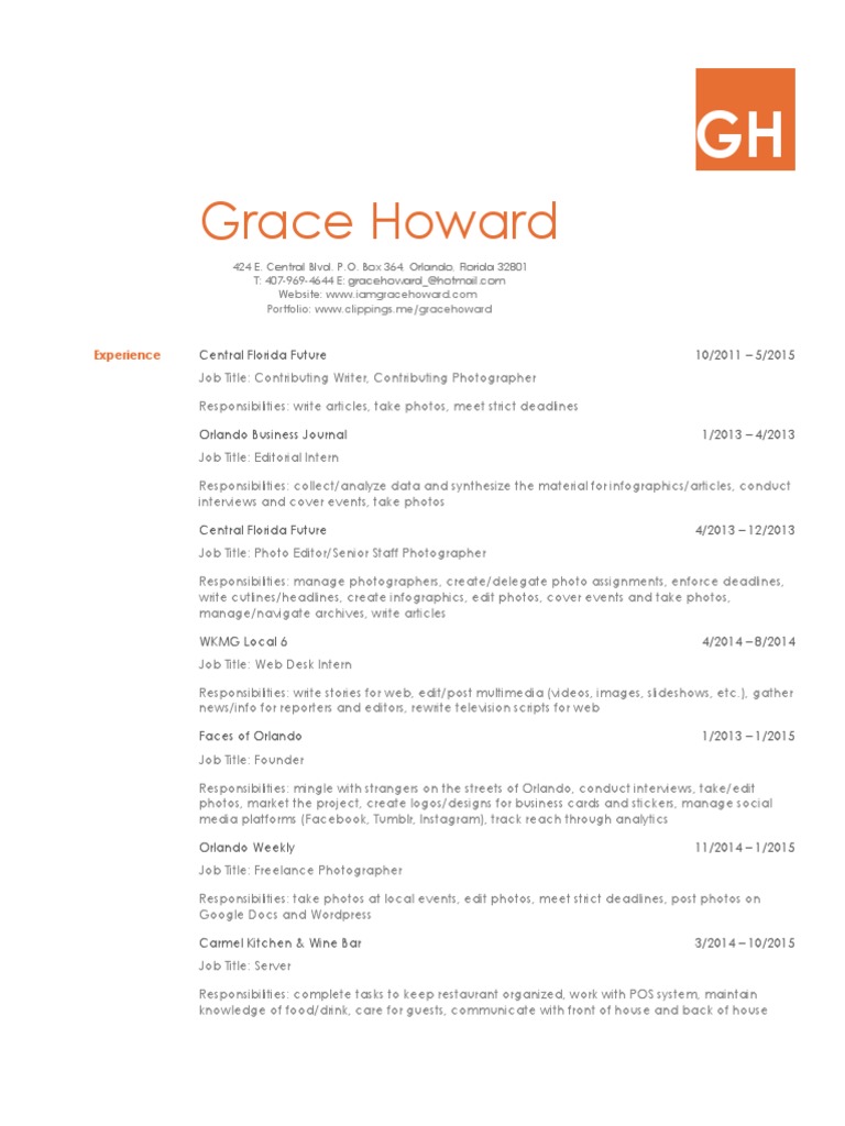 Grace Howard - 2018 Resume | PDF | Editing | Social Media