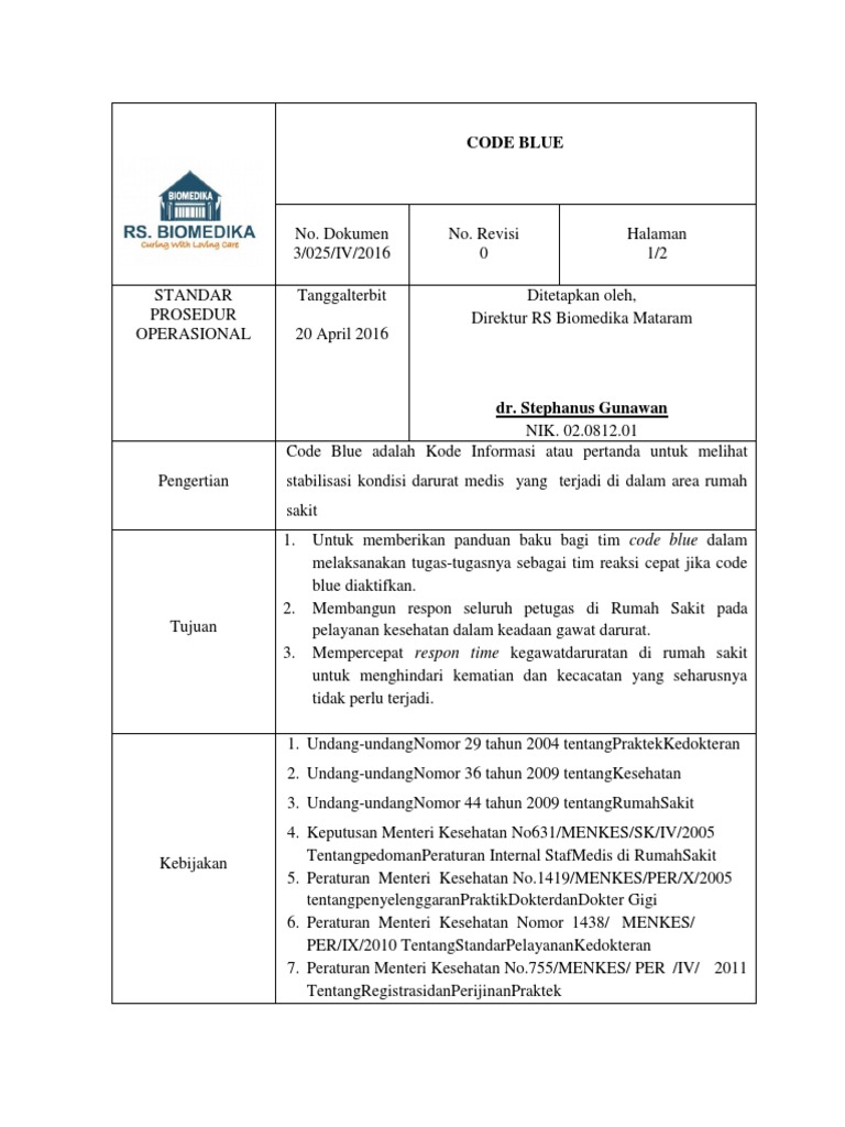 Emergency Response Protocol: Code Blue Standard Operating Procedure | PDF