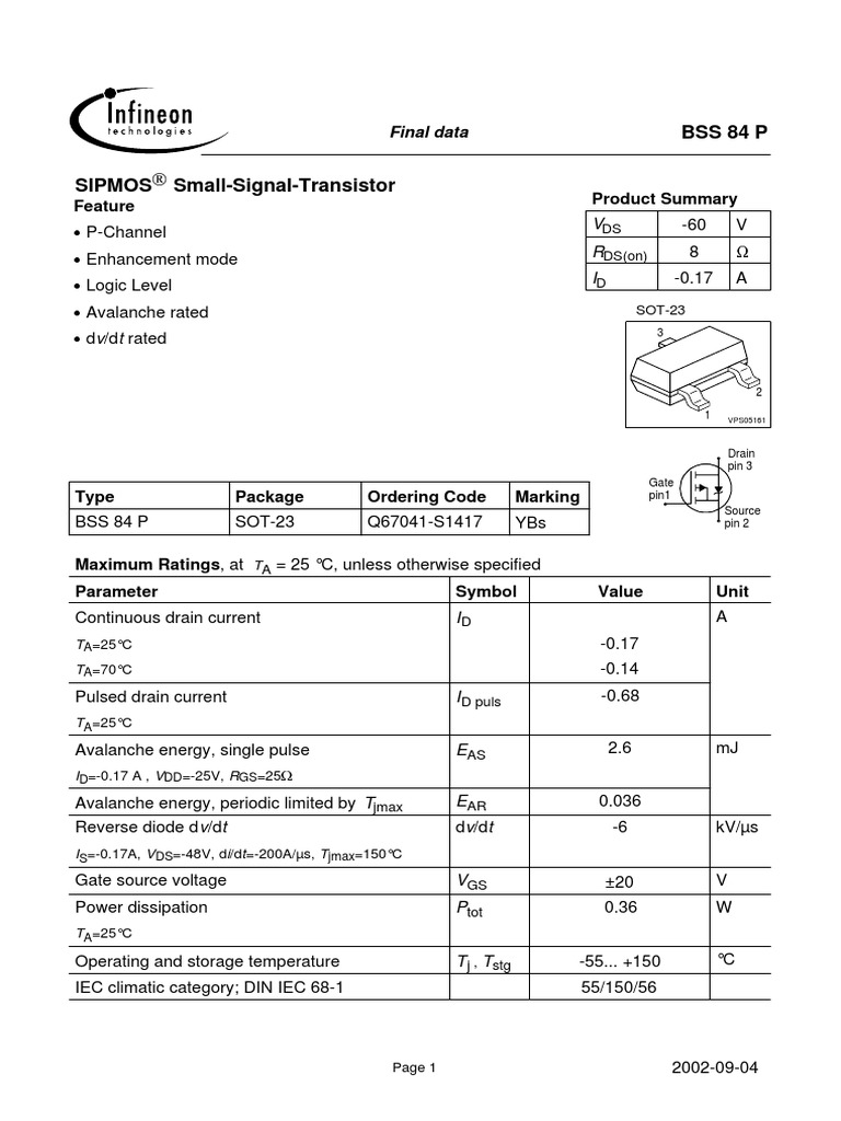 Bss 84 P: Product Summary Feature | PDF | Field Effect Transistor | Diode