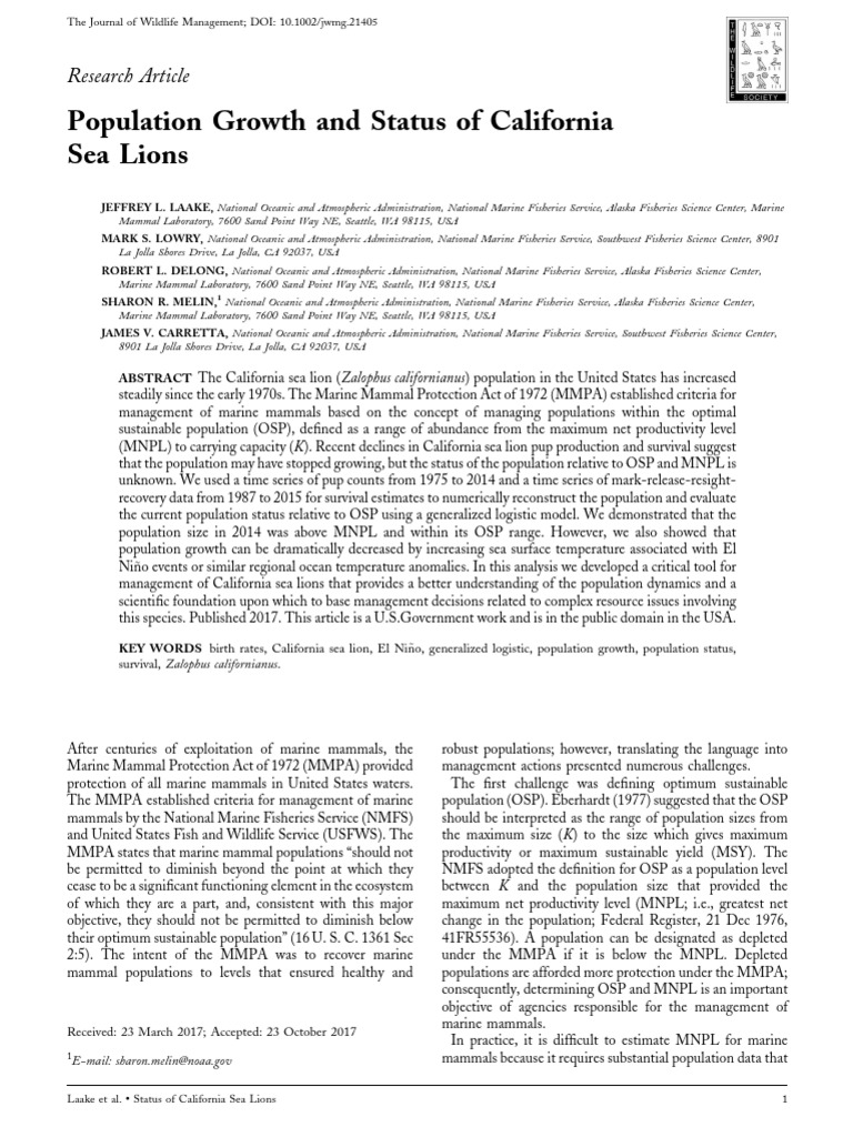 Population Growth and Status of California Sea Lions | PDF | Weighted ...