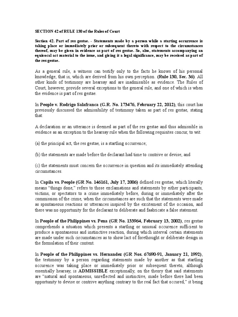 Sec 42 Rule 130 of The Rules of Court | PDF | Hearsay | Evidence