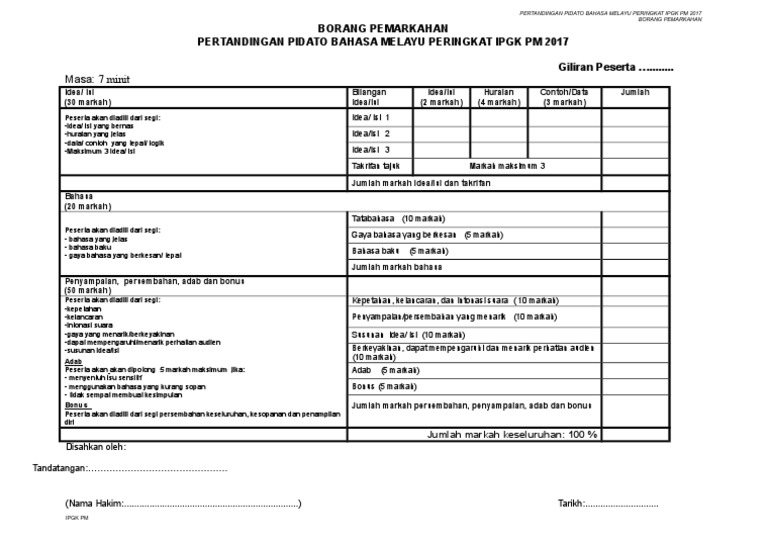 Borang Pemarkahan Pidato IPG | PDF