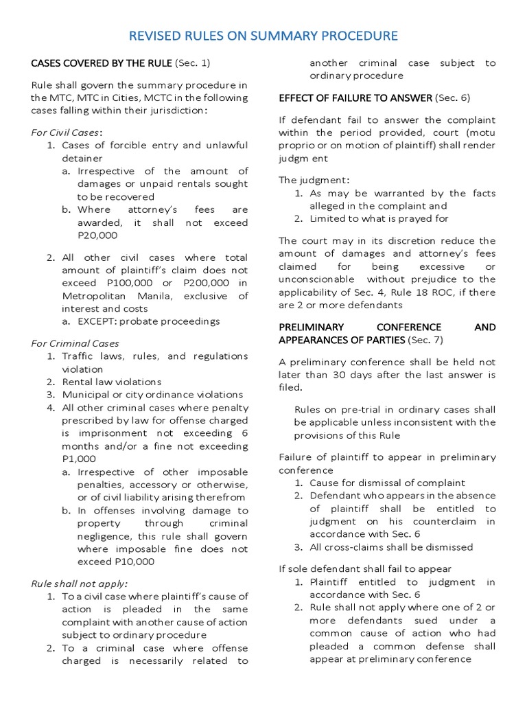 REVISED RULES ON SUMMARY PROCEDURE | PDF | Lawsuit | Pleading