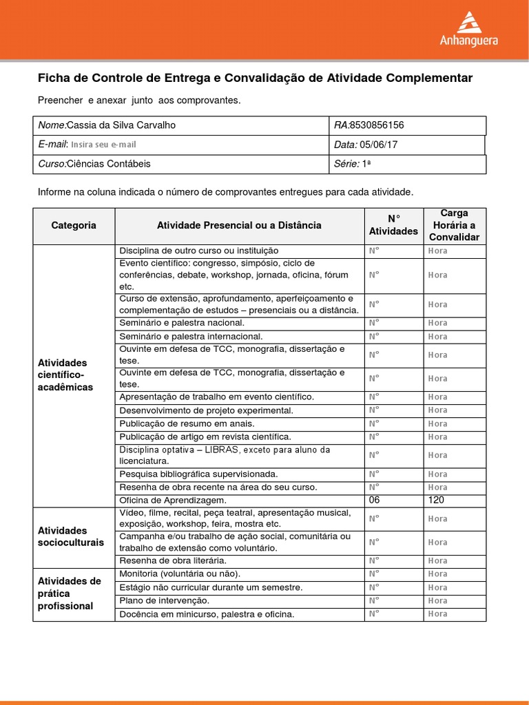 Ficha Controle Entrega Convalidacao Atividade Complementar | PDF | Academia | Science