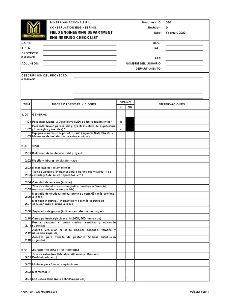386 - Engineering Check List - R0 | PDF | Tubería (transporte de ...