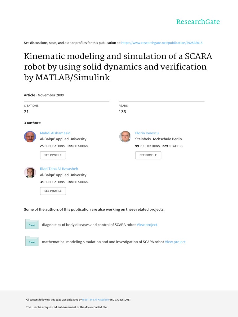 Kinematic Modeling And Simulation Of A Scara Robot By Using Solid Dynamics And Verification By