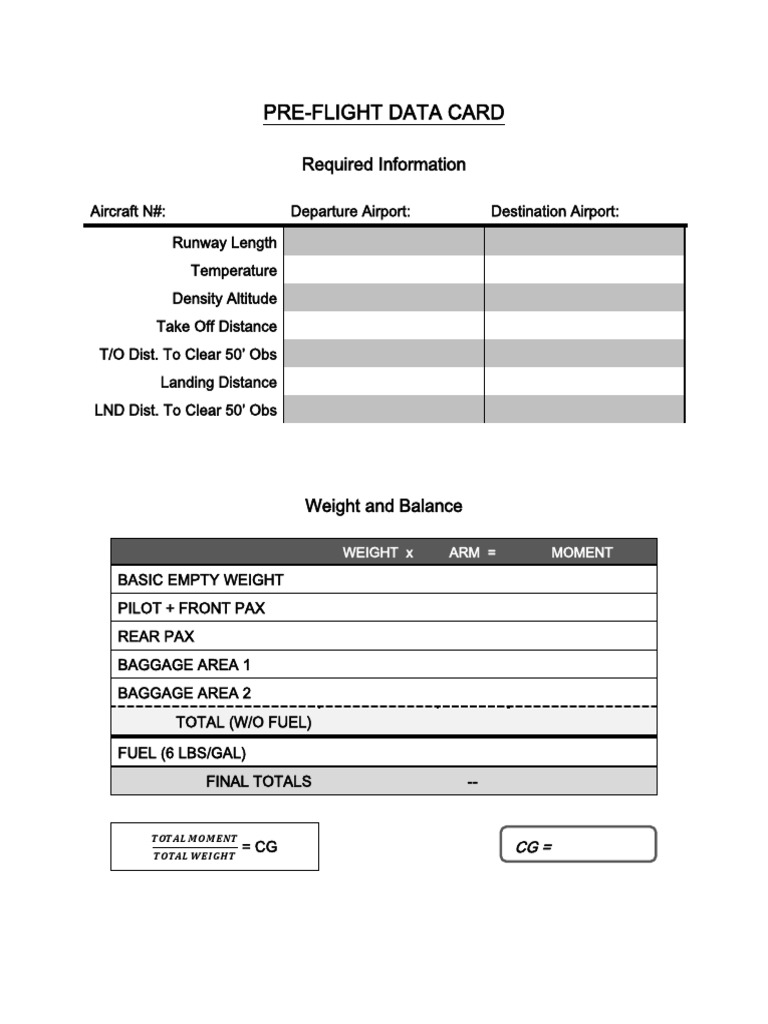 Pre Flight Data Card | PDF
