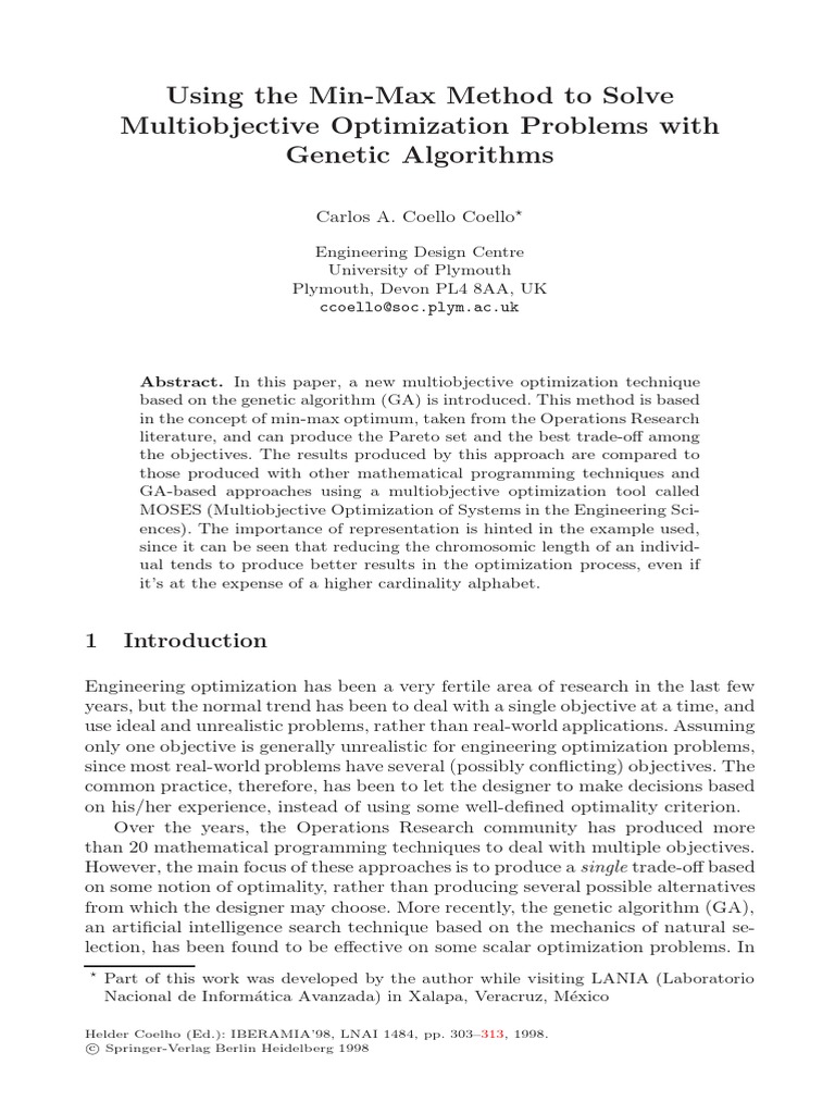 Using The Min-Max Method To Solve Multiobjective Optimization Problems With Genetic Algorithms ...