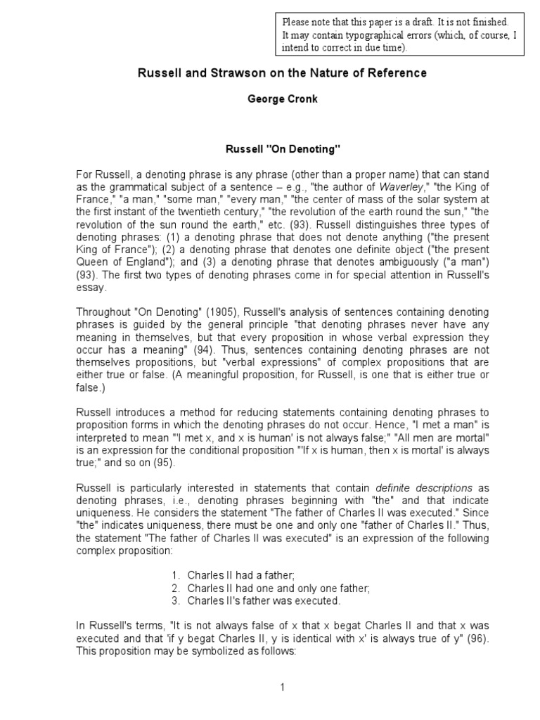 Cronk Russell and Strawson On The Nature of Reference | PDF ...