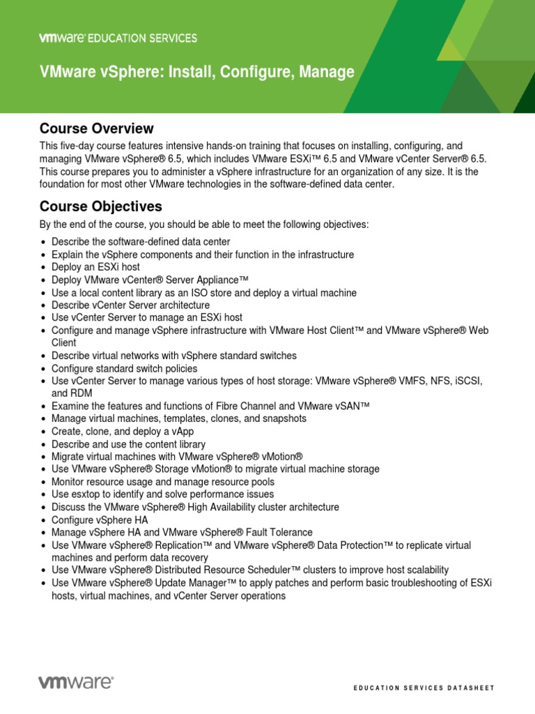 EDU - DATASHEET - Vsphere Install Configure Manage V6.5 | Download Free PDF | Server (Computing ...