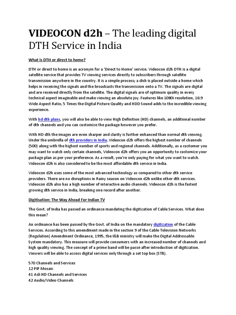 Videocon d2h: India's Top DTH Service | PDF | Satellite Television ...