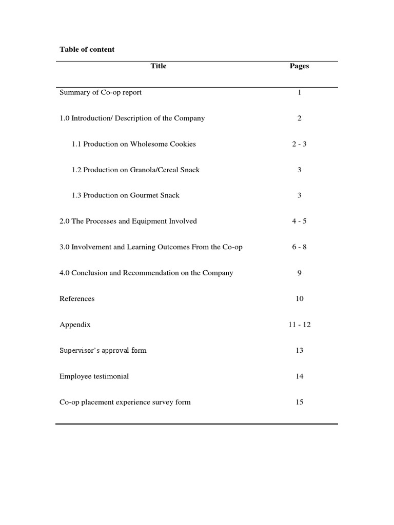 Table of Contents Co-op Report Summary | PDF