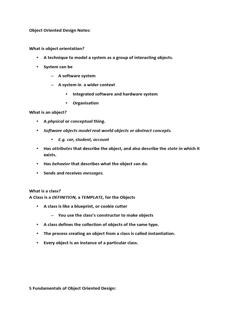 Object Oriented Design Notes Use Case Object Computer Science