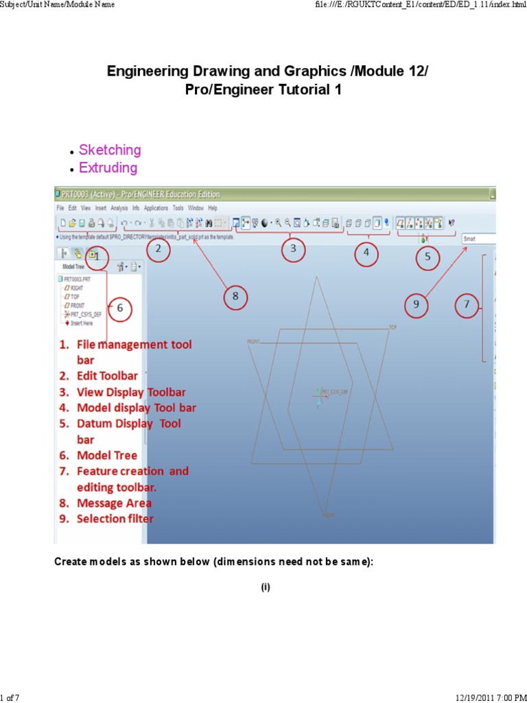 Engineering Drawing and Graphics /module 12/ Pro/Engineer Tutorial 1 | PDF