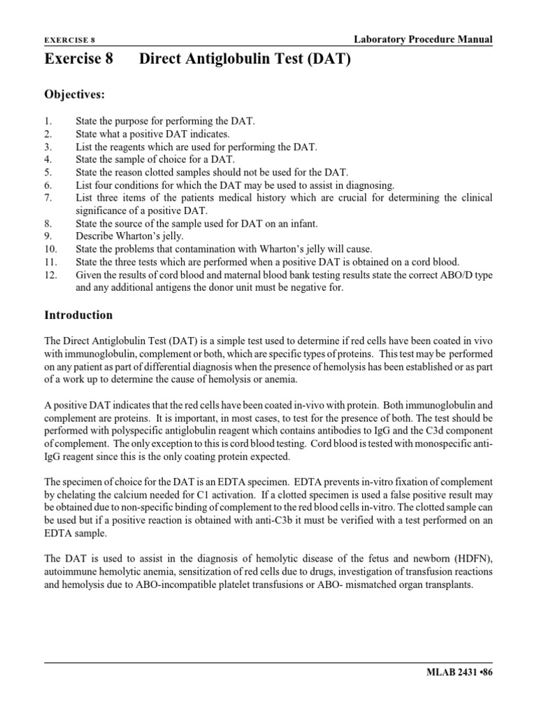 Exercise 8 Direct Antiglobulin Test (DAT) : Objectives | PDF | Blood ...