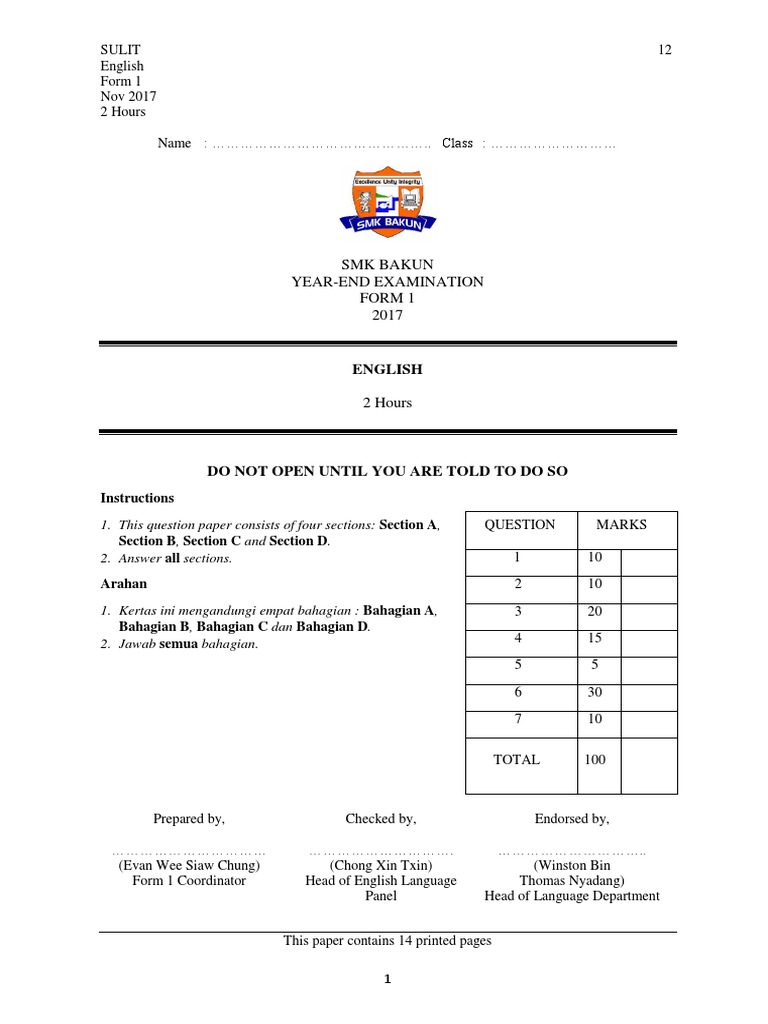 Form 1 English Year-End Exam 2017 | PDF | Meal | Reading (Process)