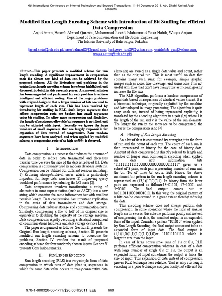 Modified Run Length Encoding Scheme With Introduction Of Bit Stuffing For Efficient Data