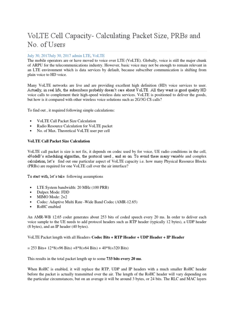 Volte Cell Capacity-Calculating Packet Size, Prbs and No. of Users ...