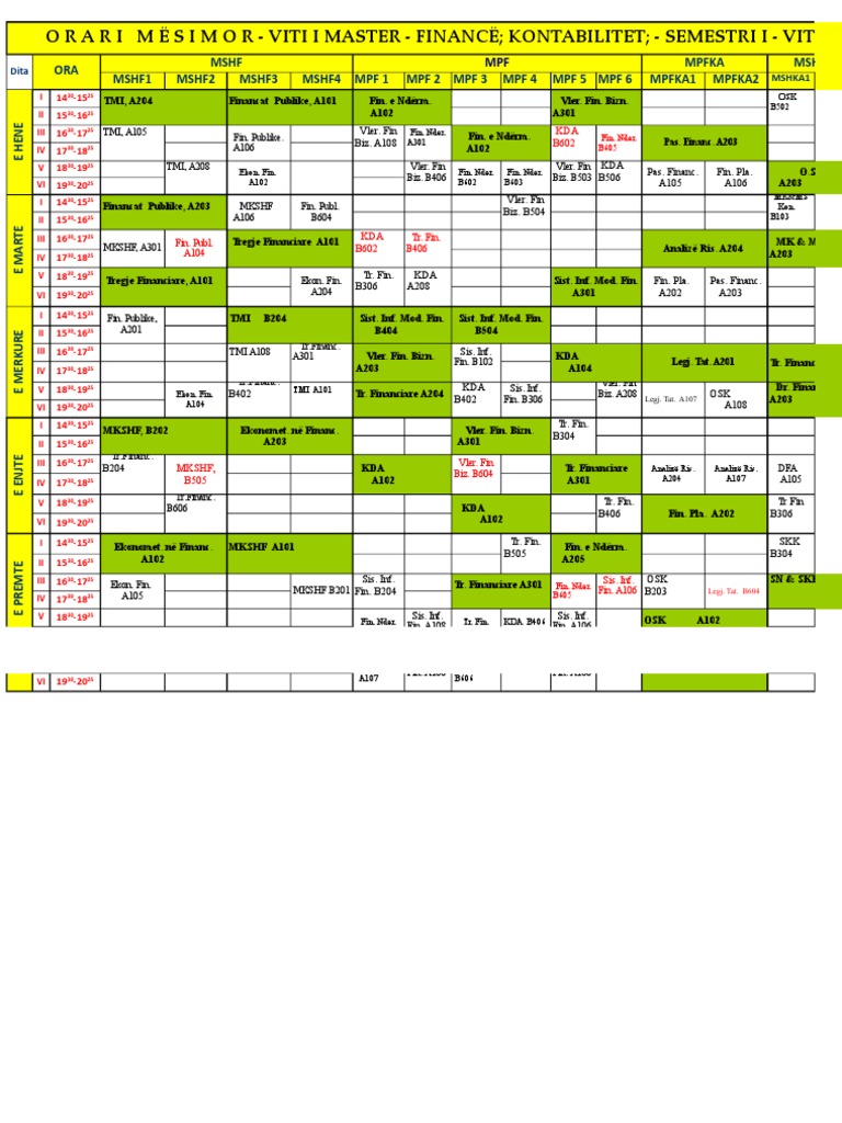 Orari Mësimor, Master, Viti I | PDF