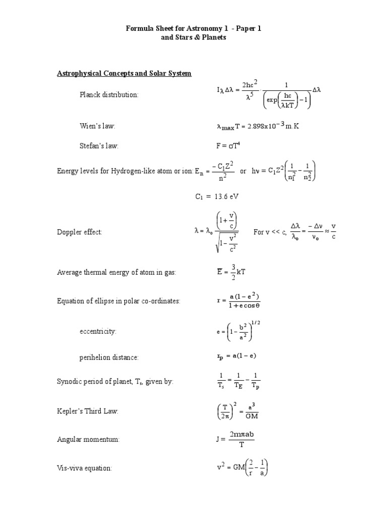 Formula Sheet For Astronomy 1 - Paper 1 and Stars & Planets | PDF ...
