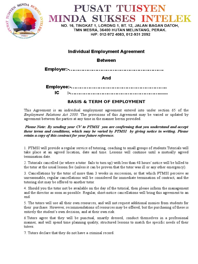Individual Employment Agreement Between Employer: - . and Employee ...