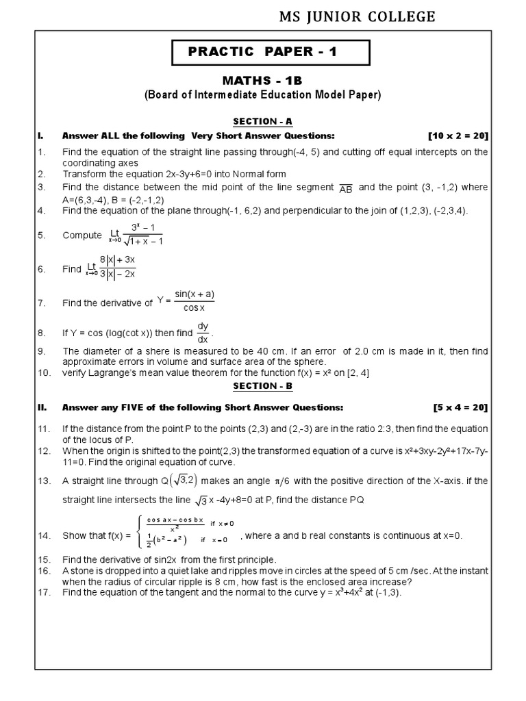 Maths 1B Practice Paper 2025 | PDF | Line (Geometry) | Equations
