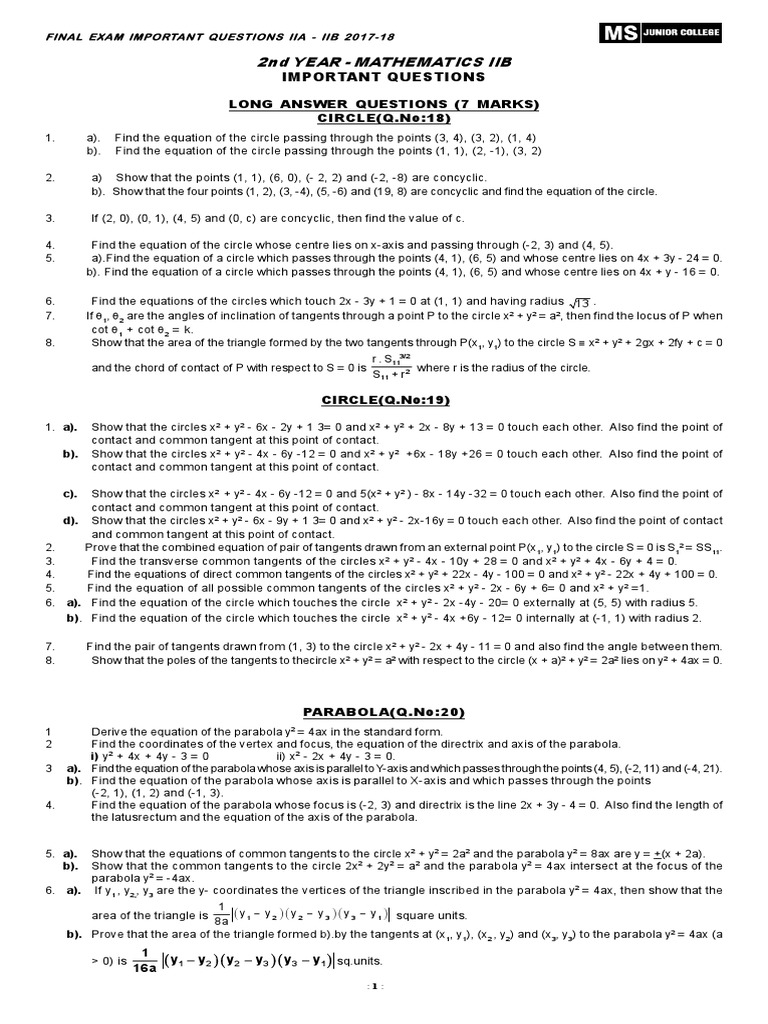 Intermediate Mathematics 2B LAQ and SAQ-1 | PDF | Ellipse | Circle