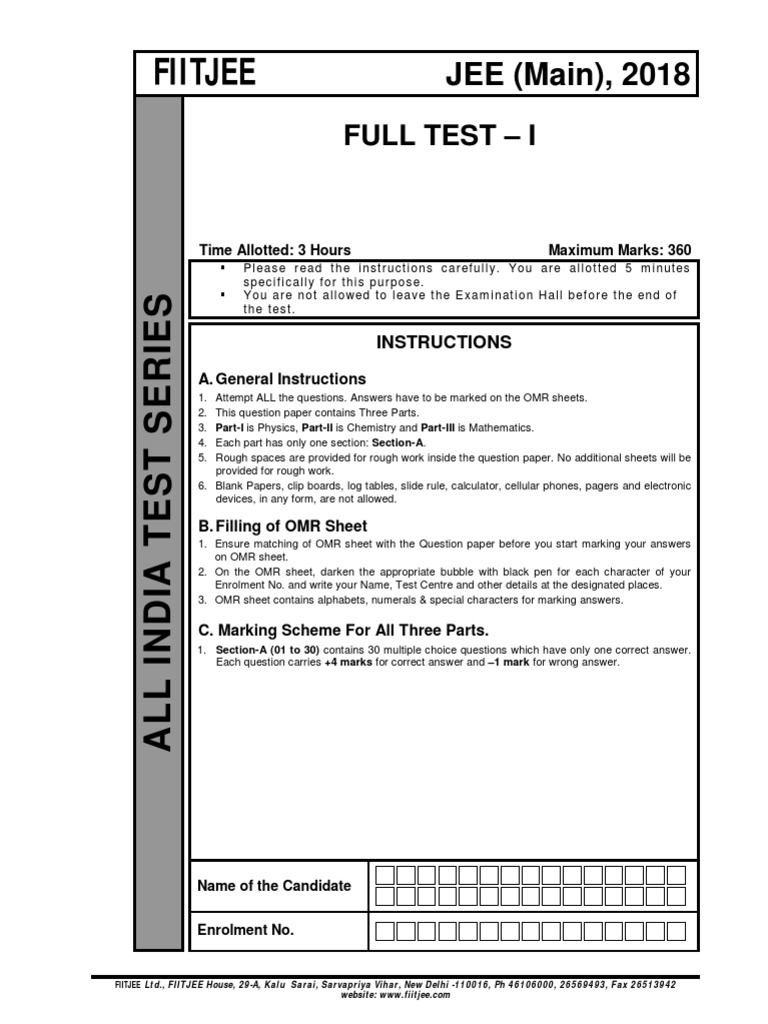 Fiitjee: JEE (Main), 2018 | Download Free PDF | Diffraction | Physical ...