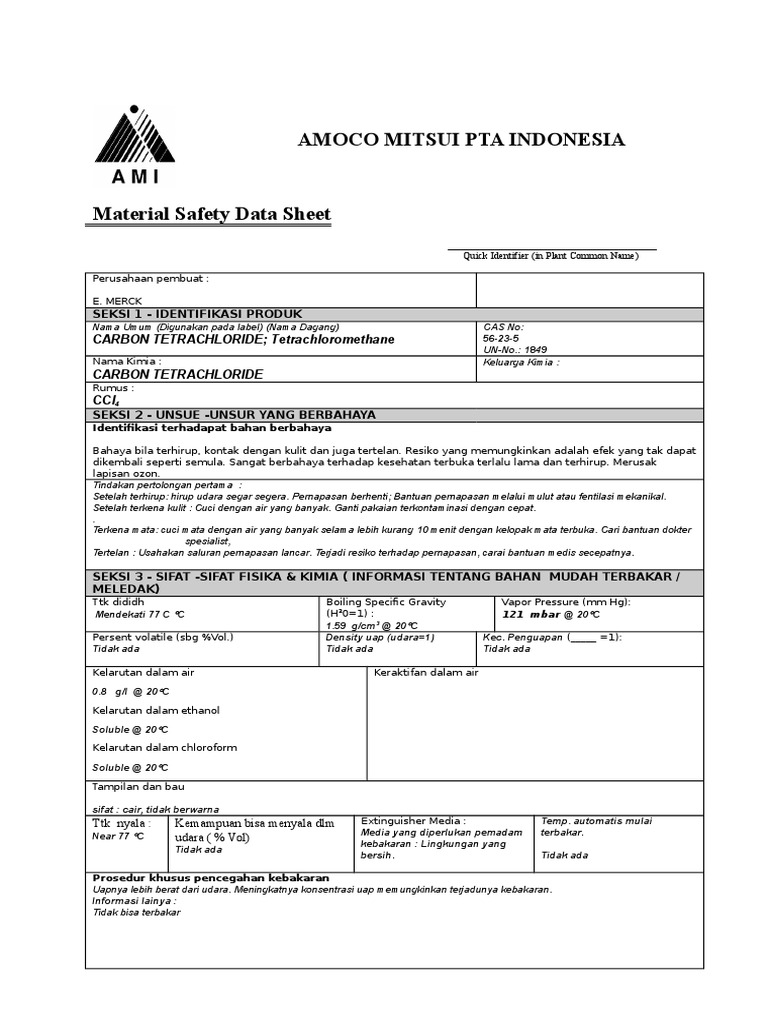MSDS Carbon Tetraklorida CCl4 | PDF | Sains & Matematika
