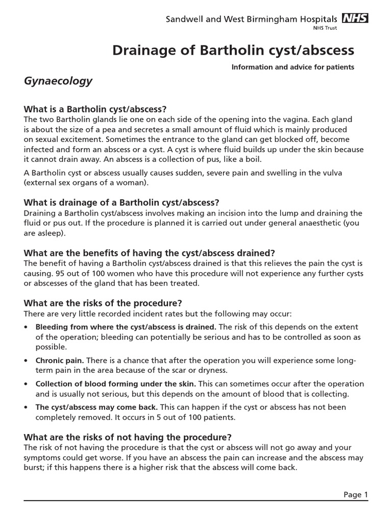 Drainage of Bartholin Cyst Abscess ML46071 | PDF | Health Care | Diseases And Disorders
