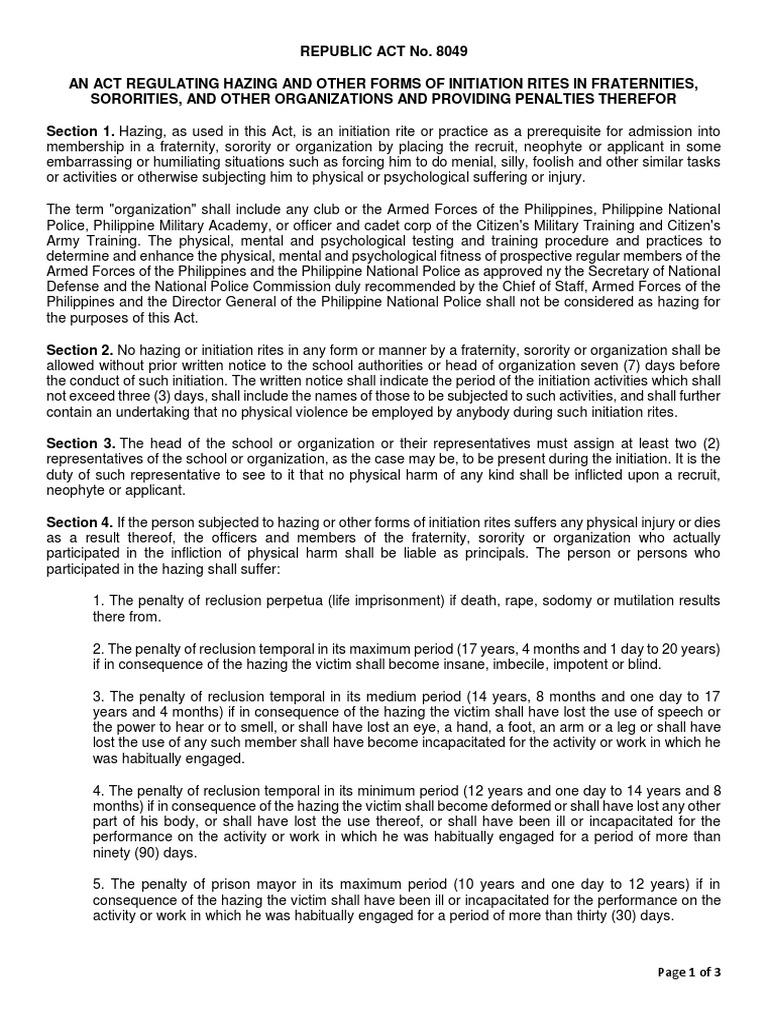 RA 8049 (Anti-Hazing Law) PDF | PDF | Fraternities And Sororities | Justice