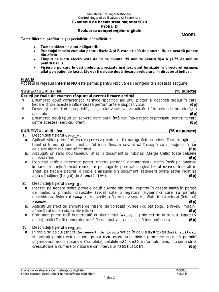 D Competente Digitale 2018 Fisa B Var Model PDF | PDF