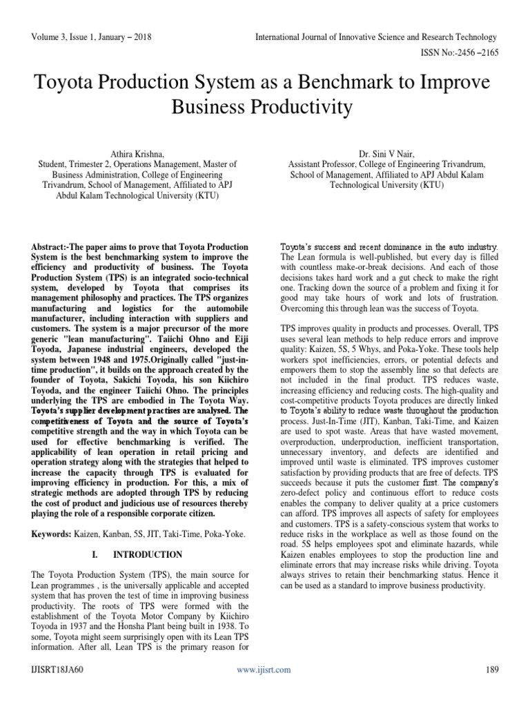 Toyota Production System as Benchmark | PDF | Lean Manufacturing ...