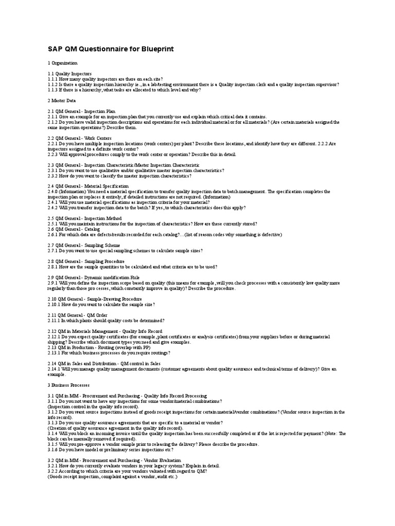 SAP QM Blueprint Questionnaire Overview | PDF | Business Process ...
