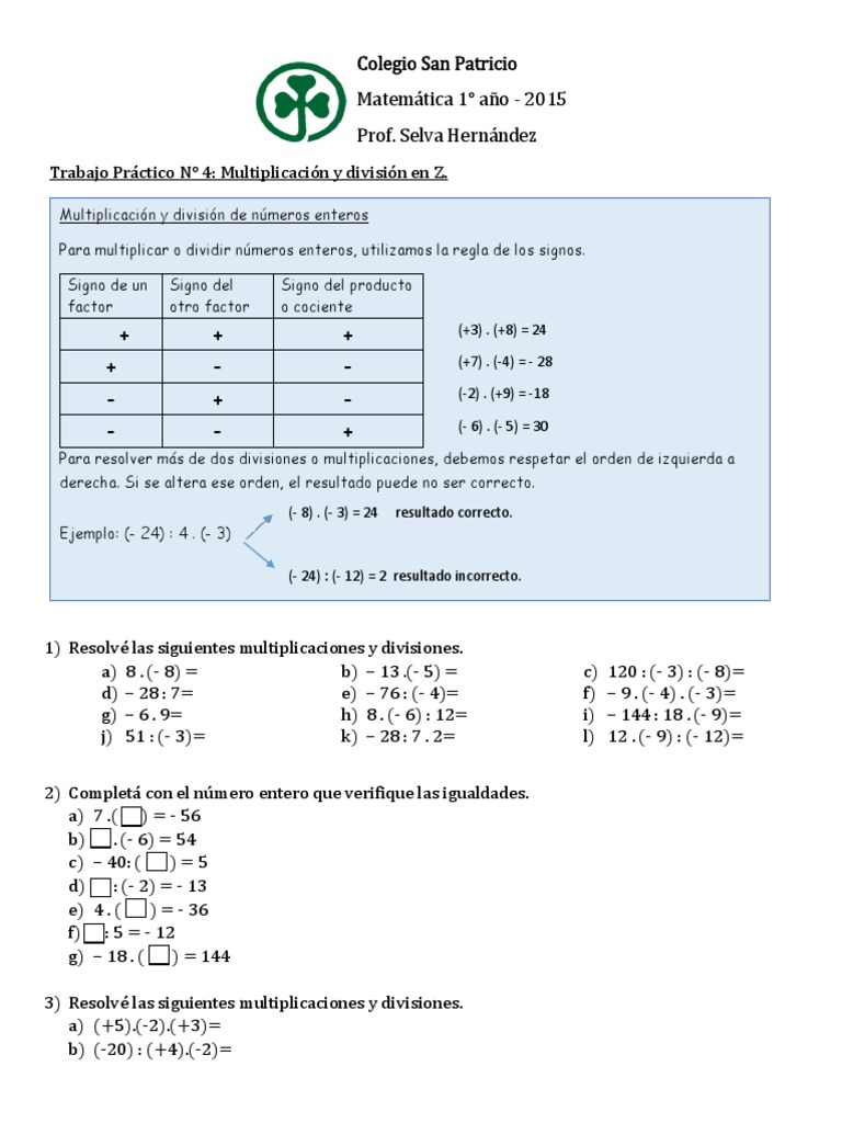 Hoja De Trabajo De Multiplicación Y División De Números Enteros En ...