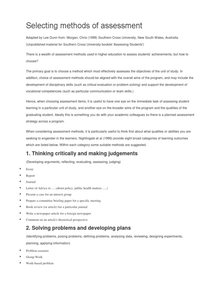 Choosing Effective Assessment Methods | PDF | Educational Assessment ...
