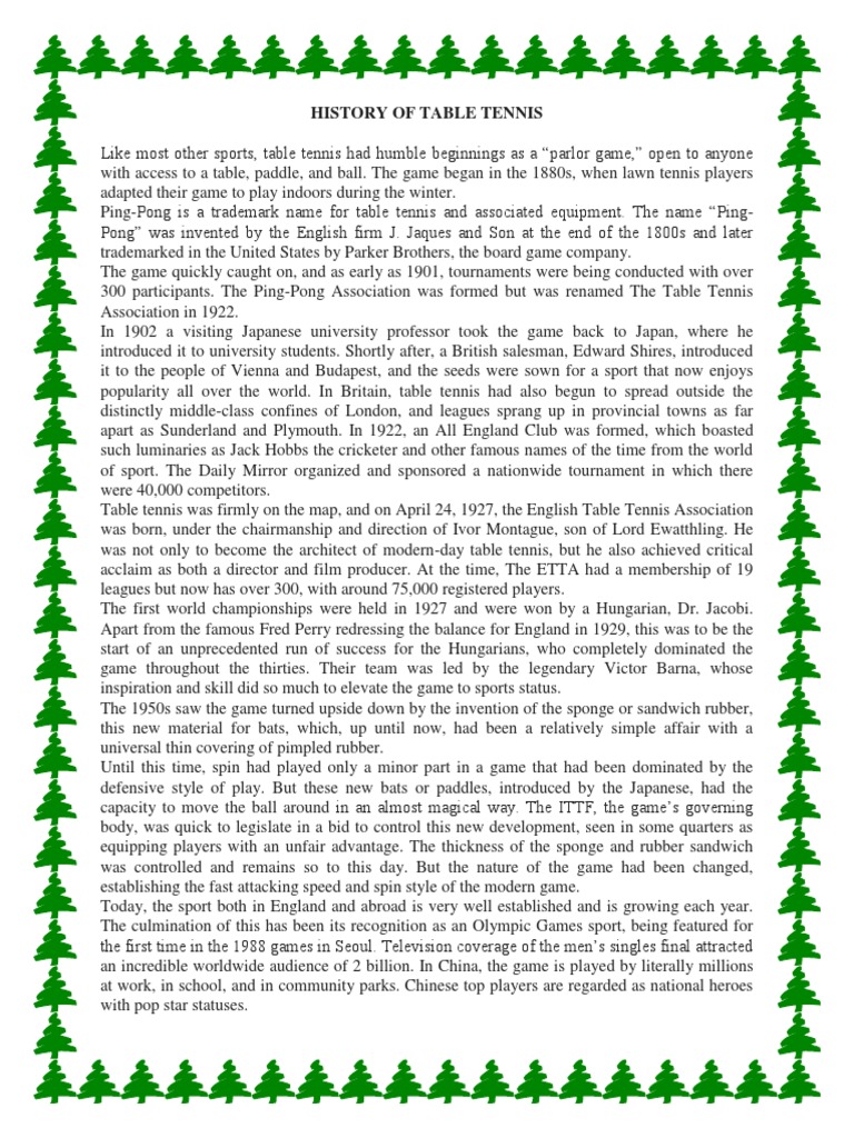 History of Table Tennis | PDF | Table Tennis | Summer Olympic Sports