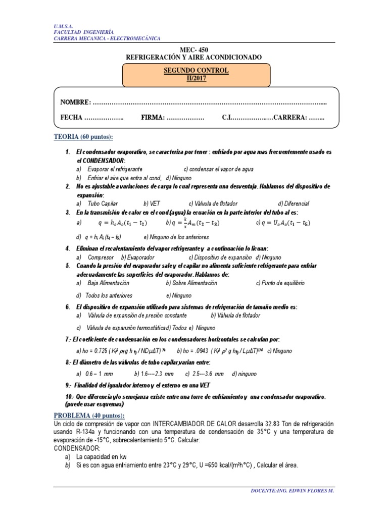 2do Control MEC 450 II 2017 | PDF | Refrigeración | Termodinámica ...