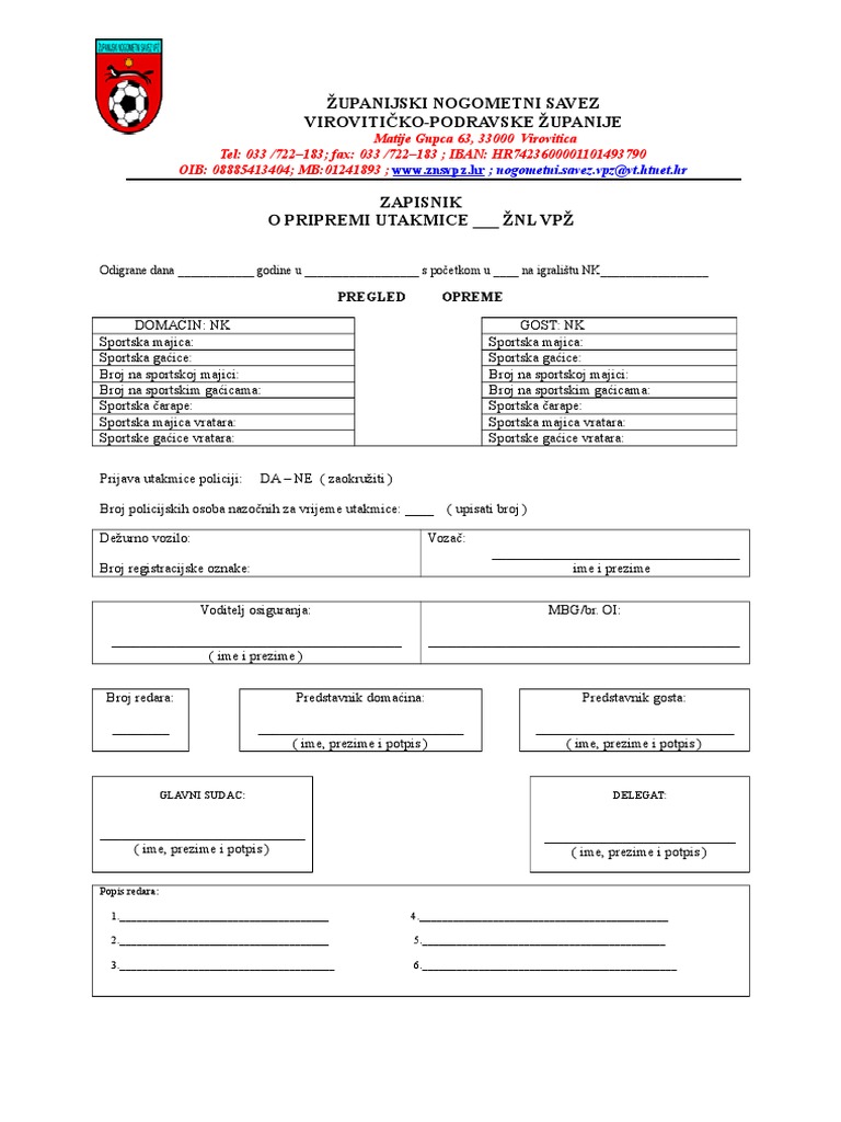 Obrazac Zapisnika o Pripremi Utakmice | PDF