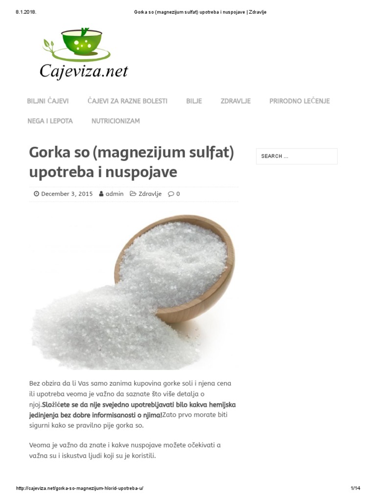 Gorka So (Magnezijum Sulfat) Upotreba I Nuspojave - Zdravlje | PDF