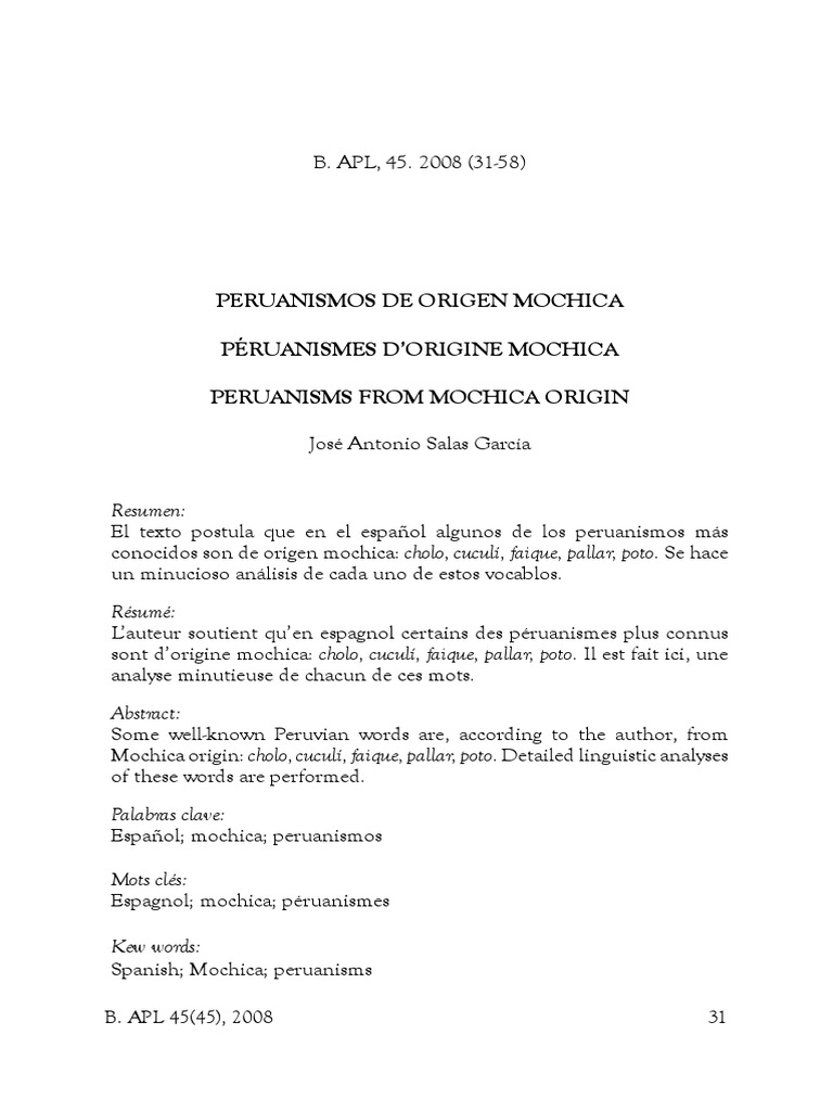 Peruanismos de Origen Mochica | PDF | Palabra | Lengua española