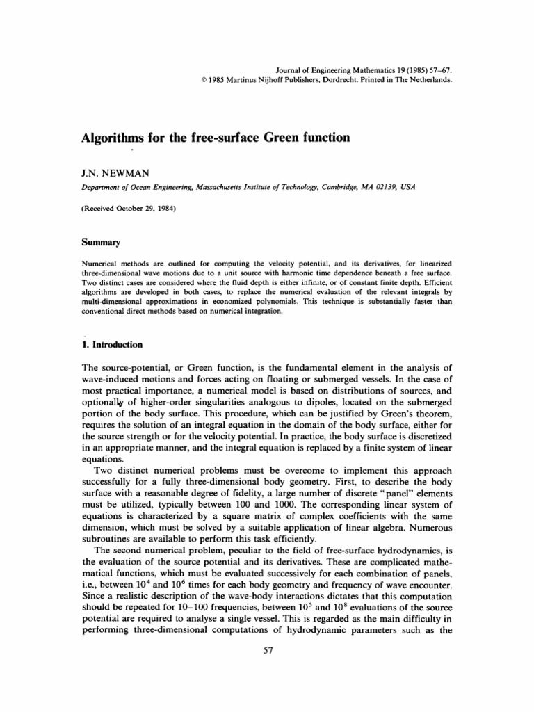 Algorithms For The Free-Surface Green Function - JN Newman | PDF ...