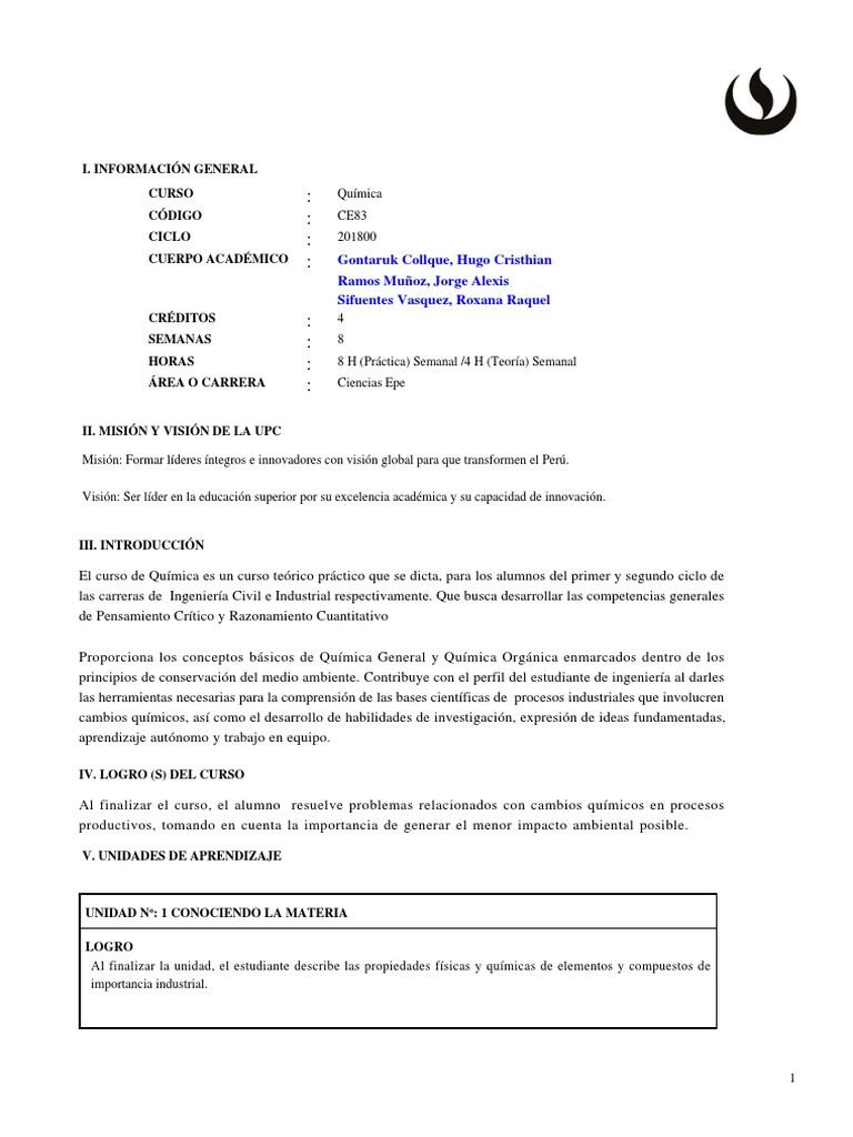 Silabo CE83 Quimica 201800 | PDF | Redox | Velocidad de reacción