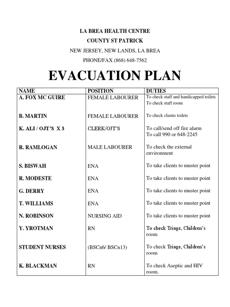 Evacuation Plan: La Brea Health Centre County ST Patrick | PDF
